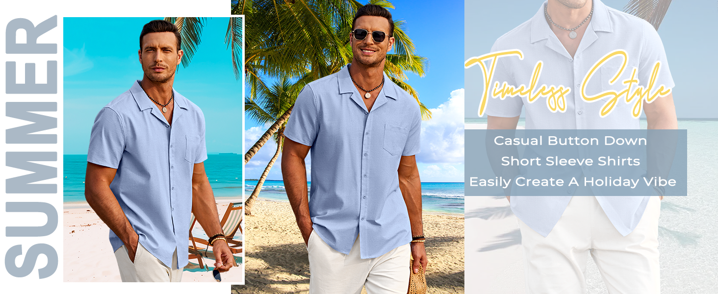 Amazon.com: COOFANDY Men's Casual Button Down Shirts Short Sleeve Linen Beach Shirt Cuban ...