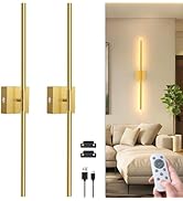 NIORSUN Battery Operated Wall Sconce Set of 2,Gold Rechargeable Wall Lights with 5200mAh ...
