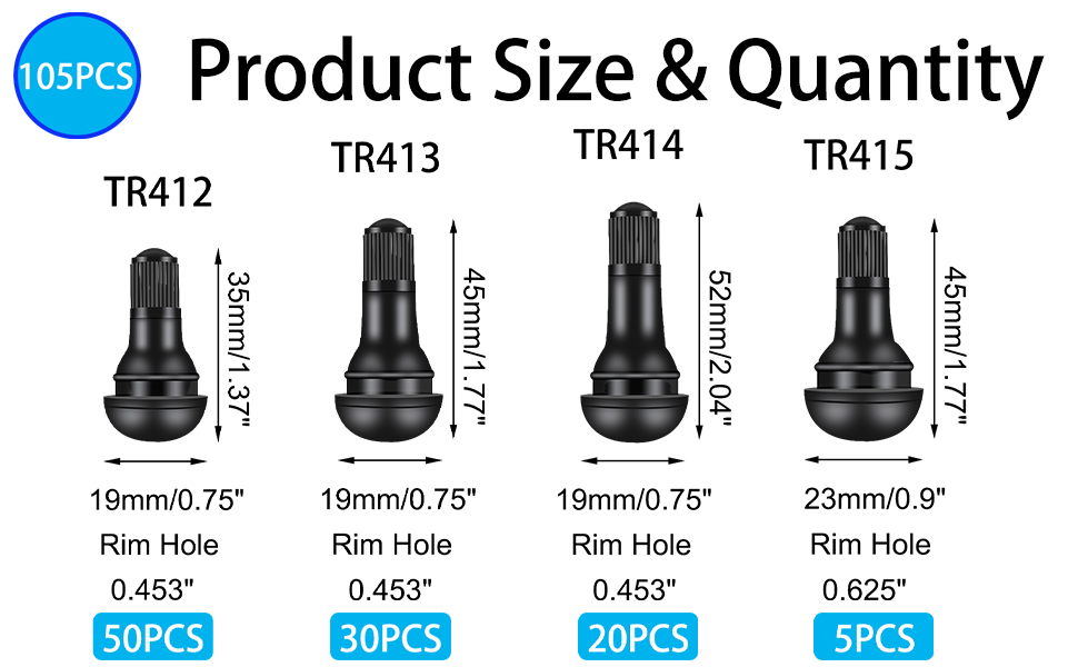 Amazon.com: Hmknana 105PCS TR412,TR413,TR414,TR415 Tire Valve Stems ...