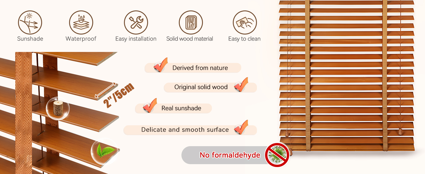 Amazon.com: HIAPES Cordless Faux Wood Blinds, 2" Slats Light Filtering Mini Blinds, Horizontal ...