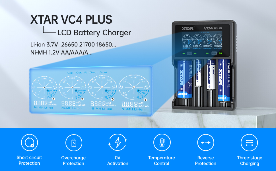 XTAR Universal Smart 4 Bay Battery Charger with LCD Display