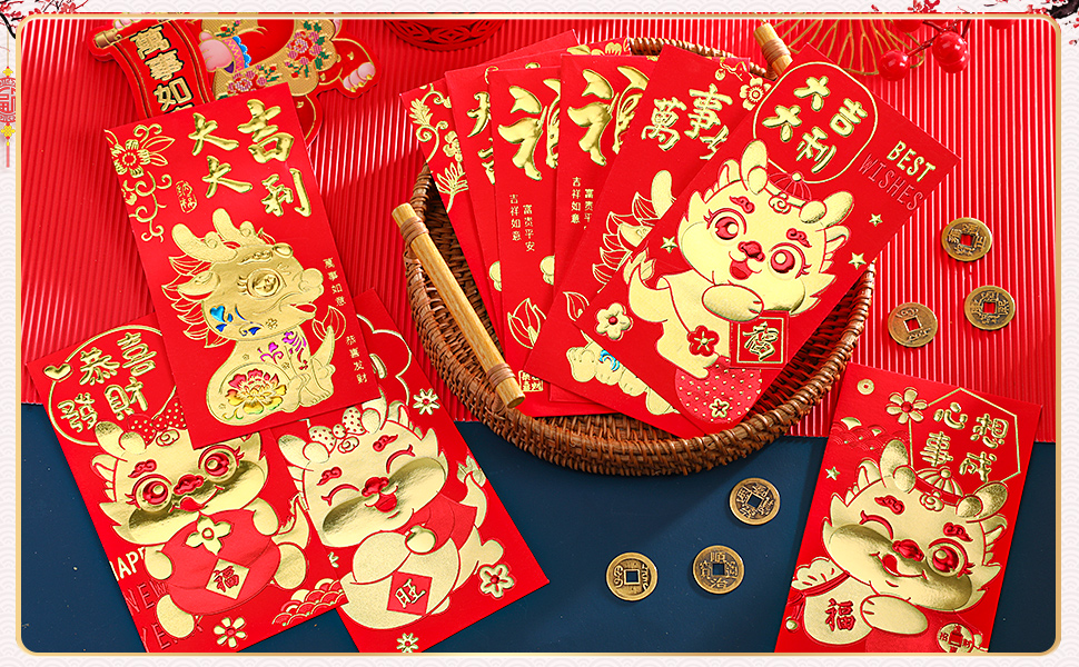 UPINS 48Pcs 2025 Chinese New Year Red Envelopes, 12 Patterns Lunar Red ...