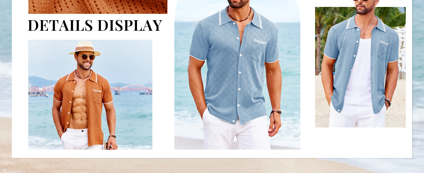 Amazon.com: COOFANDY Men's Knit Button Down Shirt Vintage Polo Shirts Short Sleeve Summer Beach ...