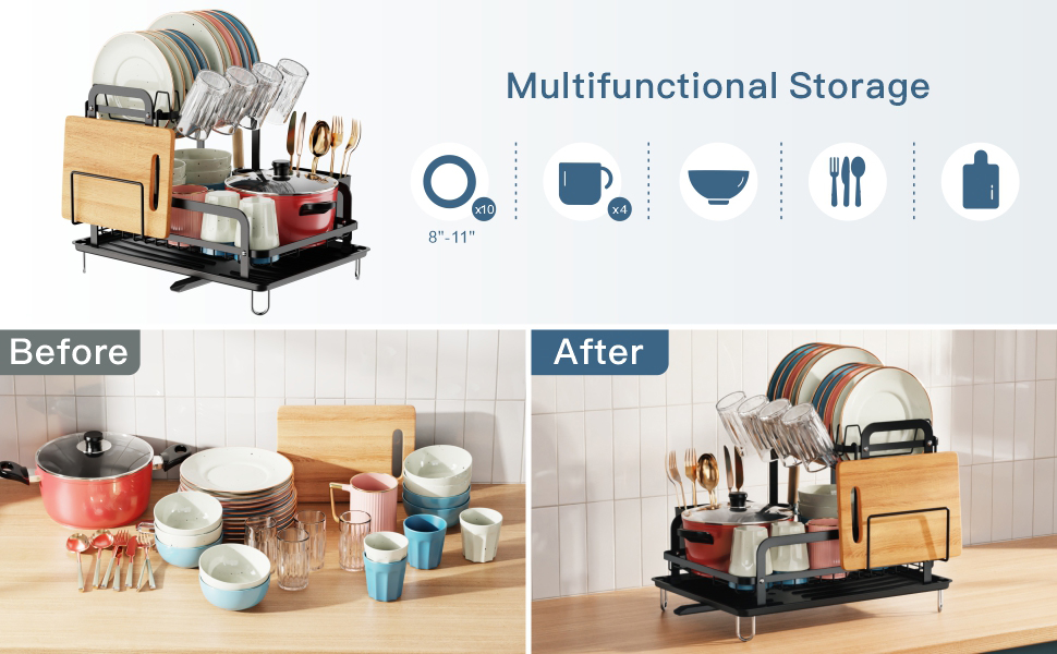 GSlife Dish Drying Rack with Drainboard - 2 Tier Dish Racks for Kitchen Counter with Cup Holder ...