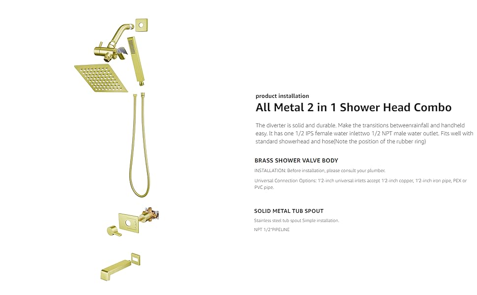 Brushed Gold Shower Fixture, Gold Shower Faucet Set Dual Shower Heads with Handheld Spray Combo ...