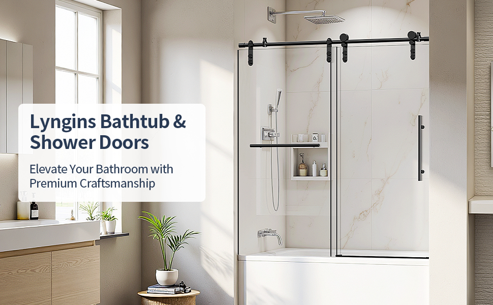 Lyngins 56-60" W x 62" H Double Sliding Semi-Frameless Bathtub Shower Door, Matte Black - 5/16 ...