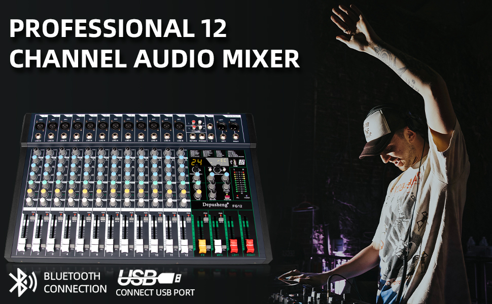 Depusheng FG12 Professioneller 12-Kanal-Audio-Mixer für Computeraufnahmen, Sound-Controller ...