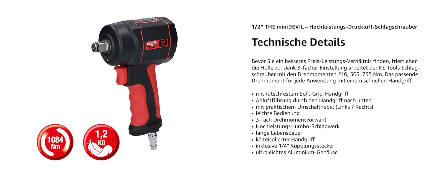 KS Tools Hochleistungs Schlagschrauber Druckluft miniDEVIL 1/2" 515.1315 I 3-fache ...