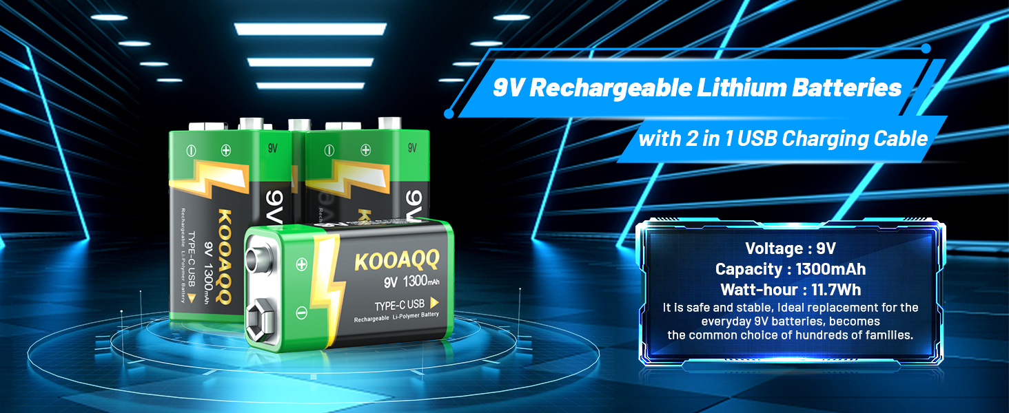 Amazon.com: 9V Lithium Battery, High Capacity 1300mAh,with 2 in 1 USB Charging Cable, (2024 New ...