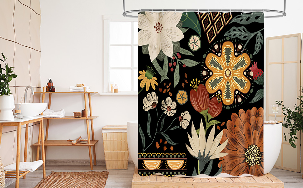 Amazon.com: MitoVilla 4 Pcs Boho Floral Bathroom Sets with Shower Curtain and Rugs, Retro ...