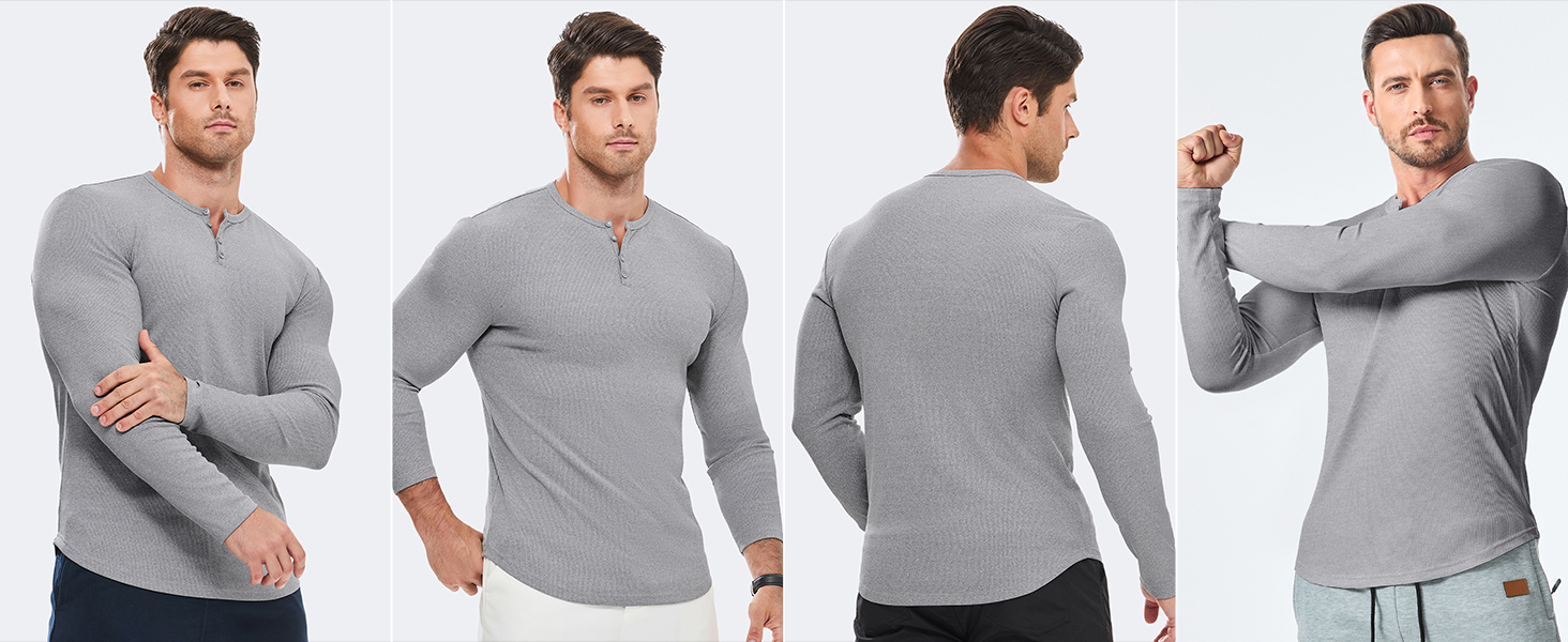 JMIERR Mens 2025 Fall Fashion Casual Henley Shirt Long Sleeve Slim Fitted Shirts Curved Hem for ...