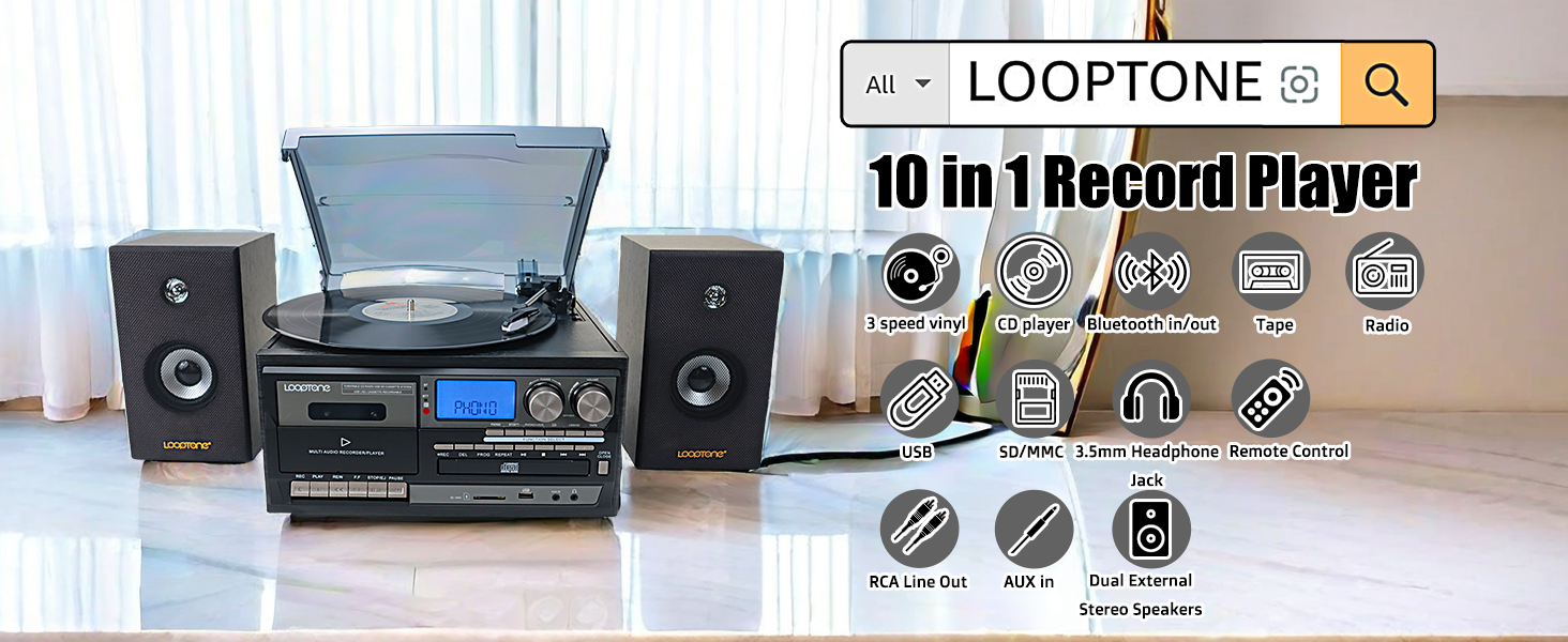 Amazon.com: LoopTone Vinyl Record Player with Dual 15W External Speakers 10 in 1 3 Speed ...