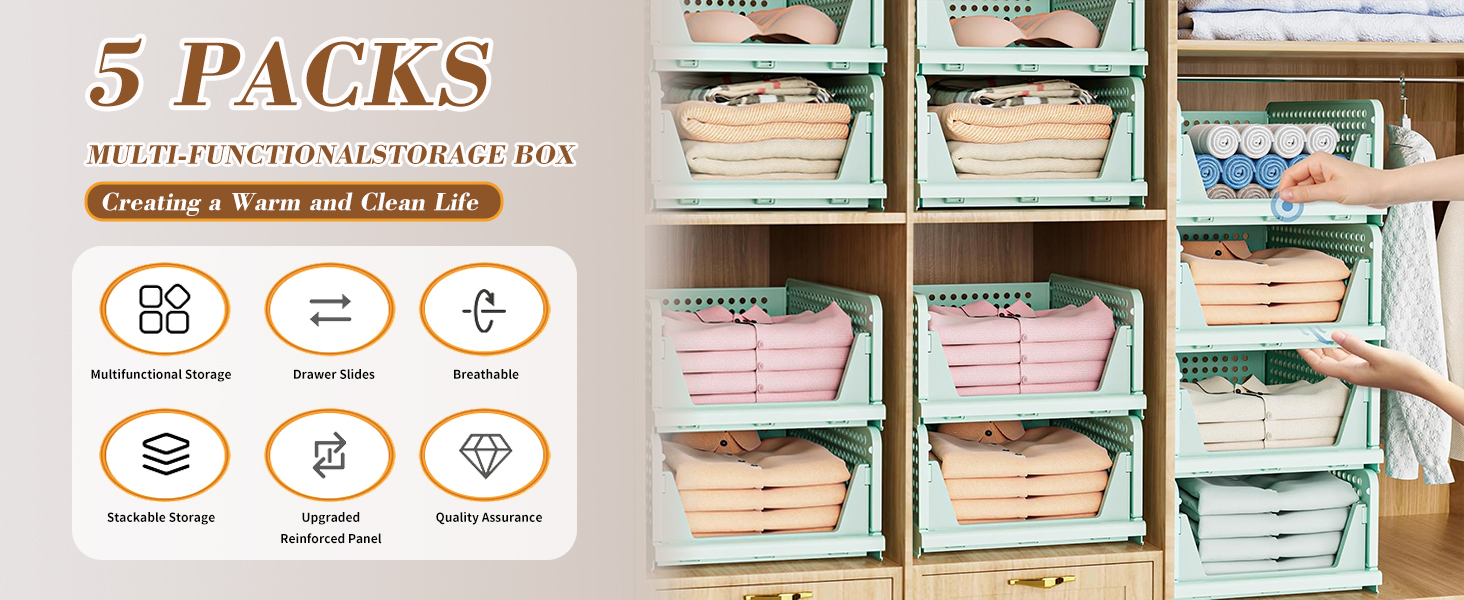 Amazon.com: 5 Pack Folding Closet Organizers Storage Box, Stackable ...