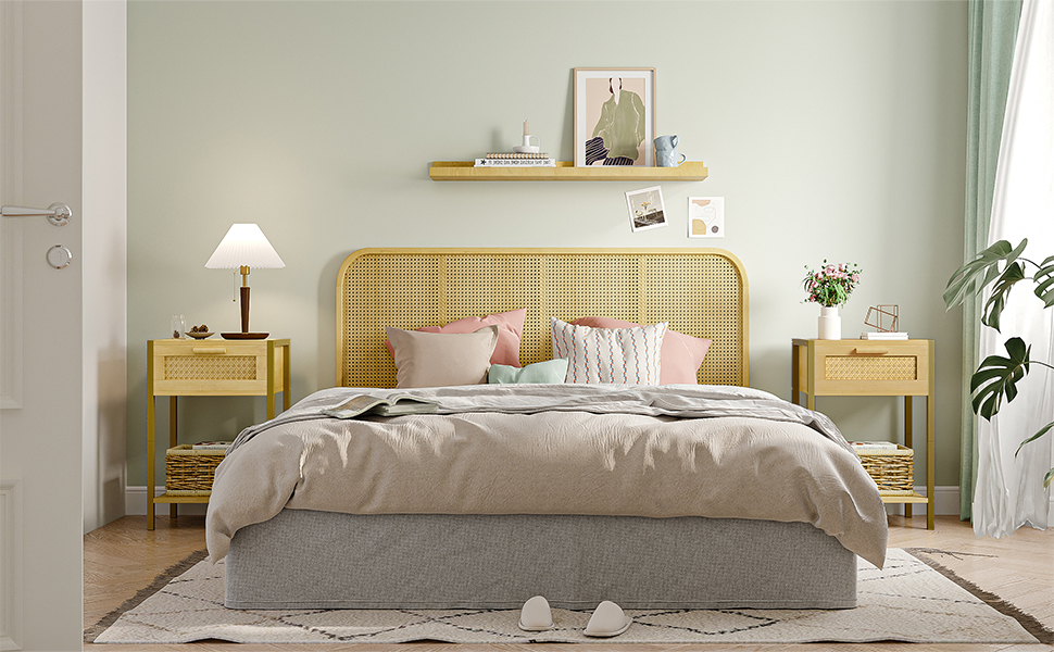 Amazon.com: Hzuaneri Nightstand, Rattan End Table with Drawer and Storage Shelf, Wooden Bedside ...