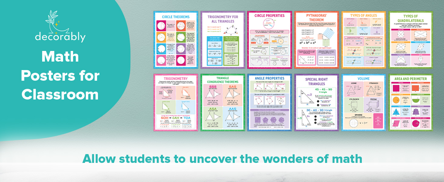 Decorably 20 Boho Math Posters for Classroom, 11x17in Matte-Laminated ...