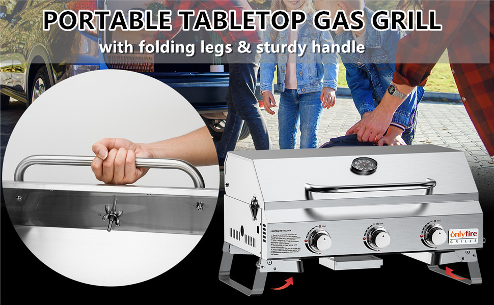 Onlyfire Tabletop BBQ Gas Grill 3 Burners, 24" Stainless Steel Portable Propane Grill with ...