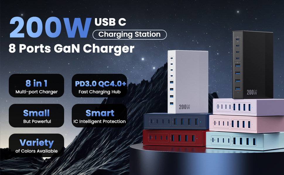 Amazon.com: 200W USB C Charger Block, 8-in-1 GaN USB C Charger Fast Charging Station Hub, PD 65W ...