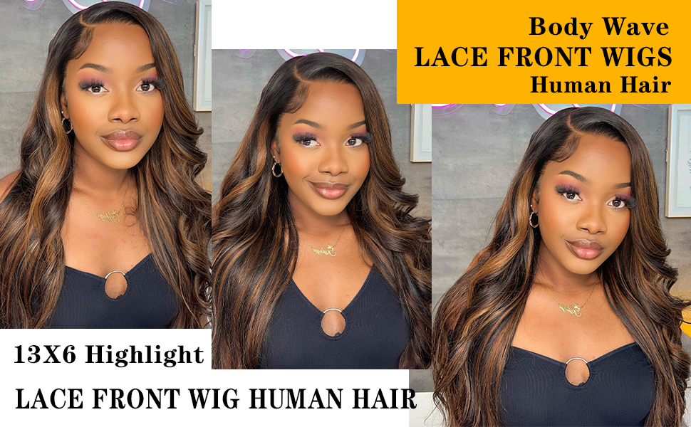 Amazon.com : soul lady Highlight 13x6 Lace Front Wigs Human Hair Pre Plucked 1B/30 Body Wave ...