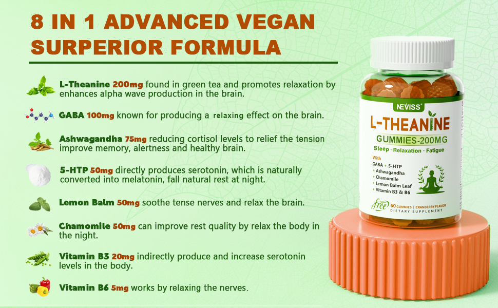Amazon.com: L-Theanine 200mg Gummies Sugar Free with GABA, 5-HTP, Ashwagandha Root, Vitamin B3 ...