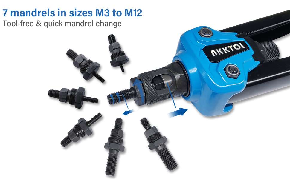 AKKTOL Rivet Nut Tool, Rivnut Tool with 7 Mandrels M3-M4-M5-M6-M8-M10-M12, 80 Pieces Rivet Nuts ...