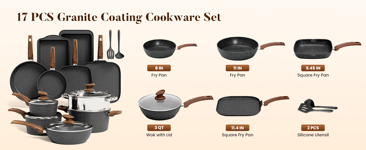 Amazon.com: Kitchen Academy Induction Cookware Set-17 Piece Non-stick Cooking Pan Set, Black ...