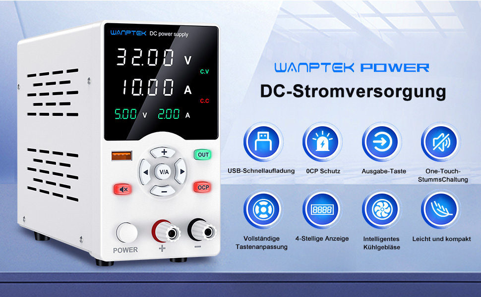 WANPTEK POWER Labornetzteil 30V 10A Labornetzgerät mit OCP-Schutz/Ausgangstaste, Netzgerät ...