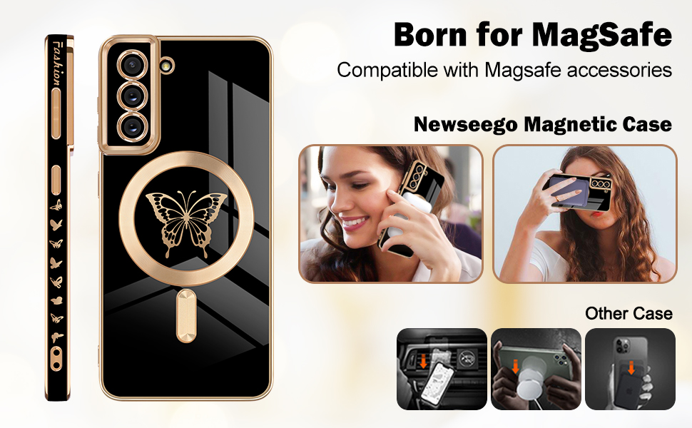 Amazon.com: Newseego for Samsung Galaxy S21 5G Magnetic Case, Cute Butterfly Plating Edge Case ...