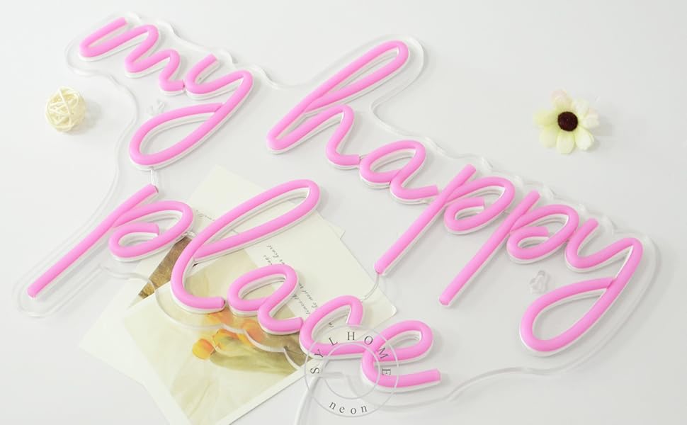 SYLHOME Pink My Happy Place LED Neon Light Sign USB Girls Babys Bedroom Living Room Kitchen Wall ...