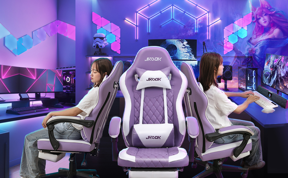 Amazon.co.jp: JKOOK ゲーミングチェア オットマン付き 多機能 連動ひじ掛け ゲーム用 デスクチェア 男女兼用 学習椅子 PUレザー JK08 (パープル) : ホーム＆キッチン