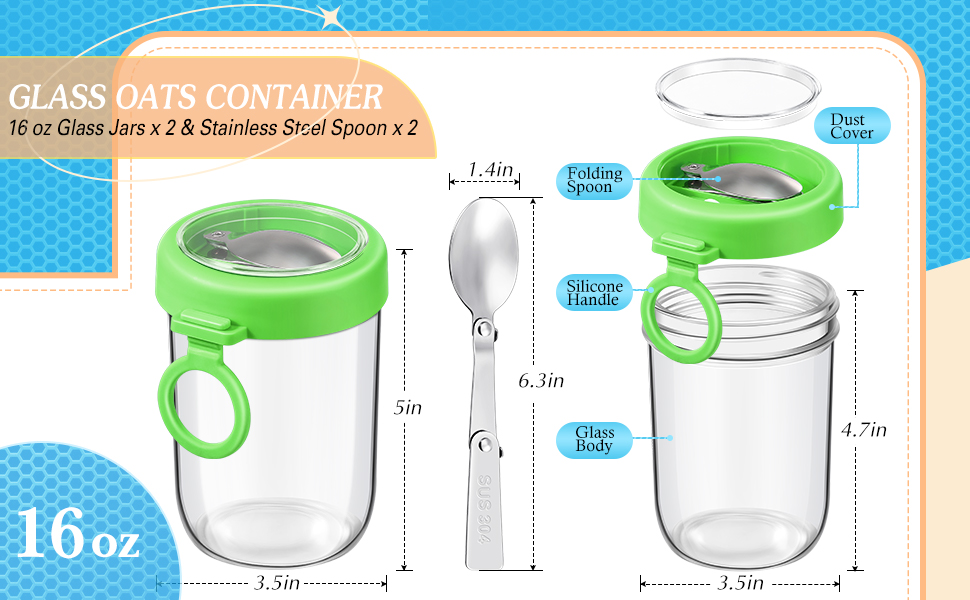 Amazon.com: RTWDKFQ 2Pack Overnight Oats Containers With Lids and Spoons,16-Oz Glass Mason Jars ...