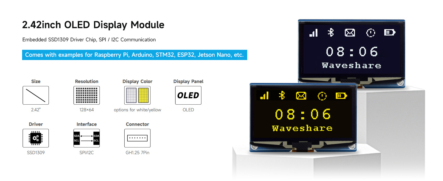 Waveshare 2.42inch OLED Display Module Panel 128×64 Resolution SPI / I2C Communication White ...