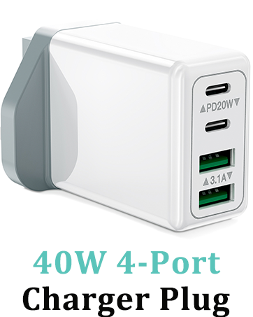 USB C Plug, 40W 4-Port Fast Charger Plug UK Dual Port PD Power Adapter +QC Multi Mains Wall ...