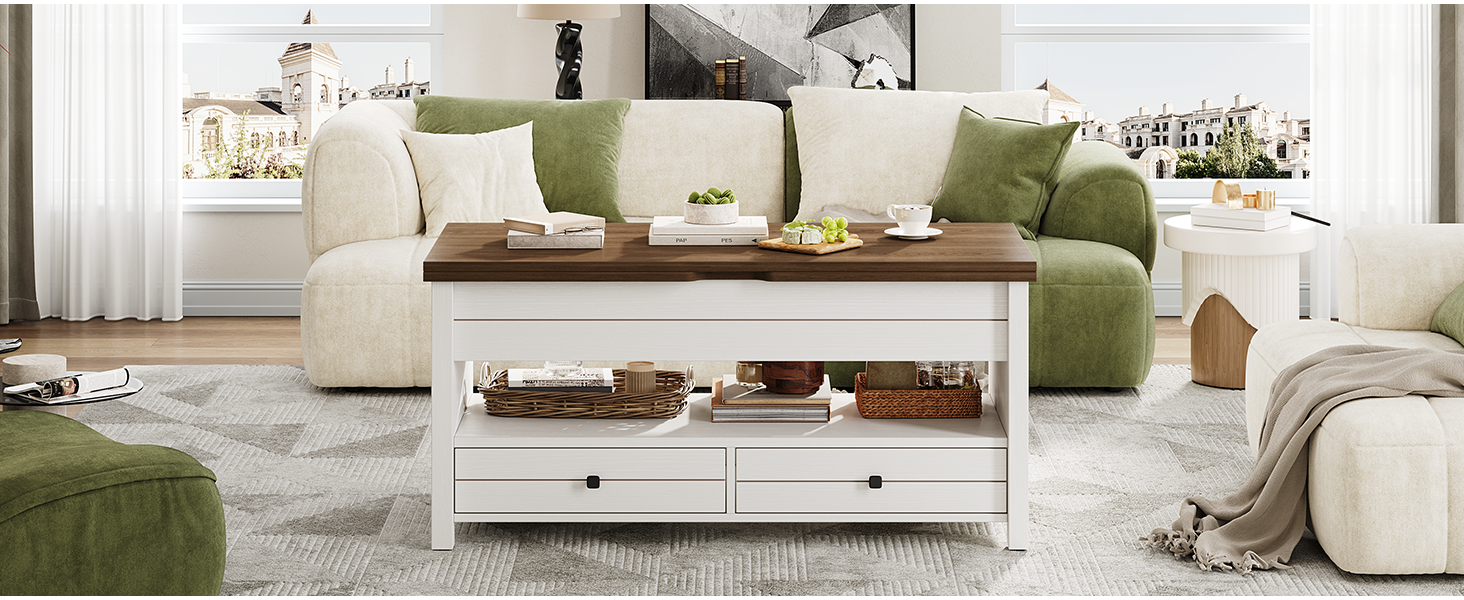 Amazon.com: Farmhouse Lift Top Coffee Table with 2 Storage Drawers, Rustic Center Table with ...