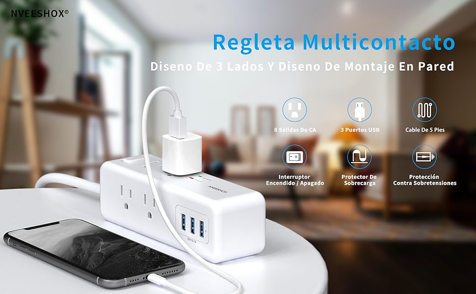 NVEESHOX regleta multicontacto Inteligente, Tira de Alimentación, Protector contra ...