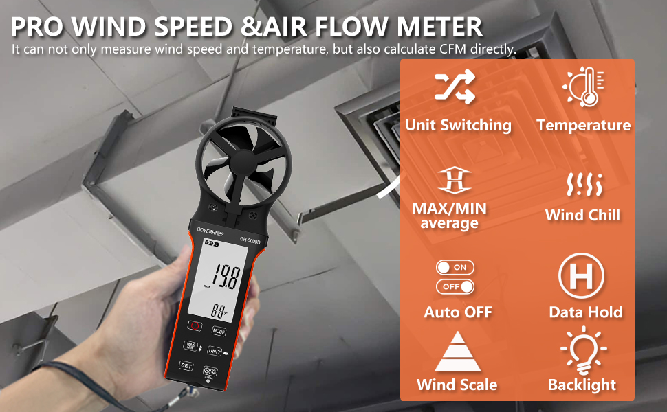 Amazon.com: GOYERRNES Air Flow & Wind Speed Meter, Handheld CFM Anemometer with Waterproof Touch ...