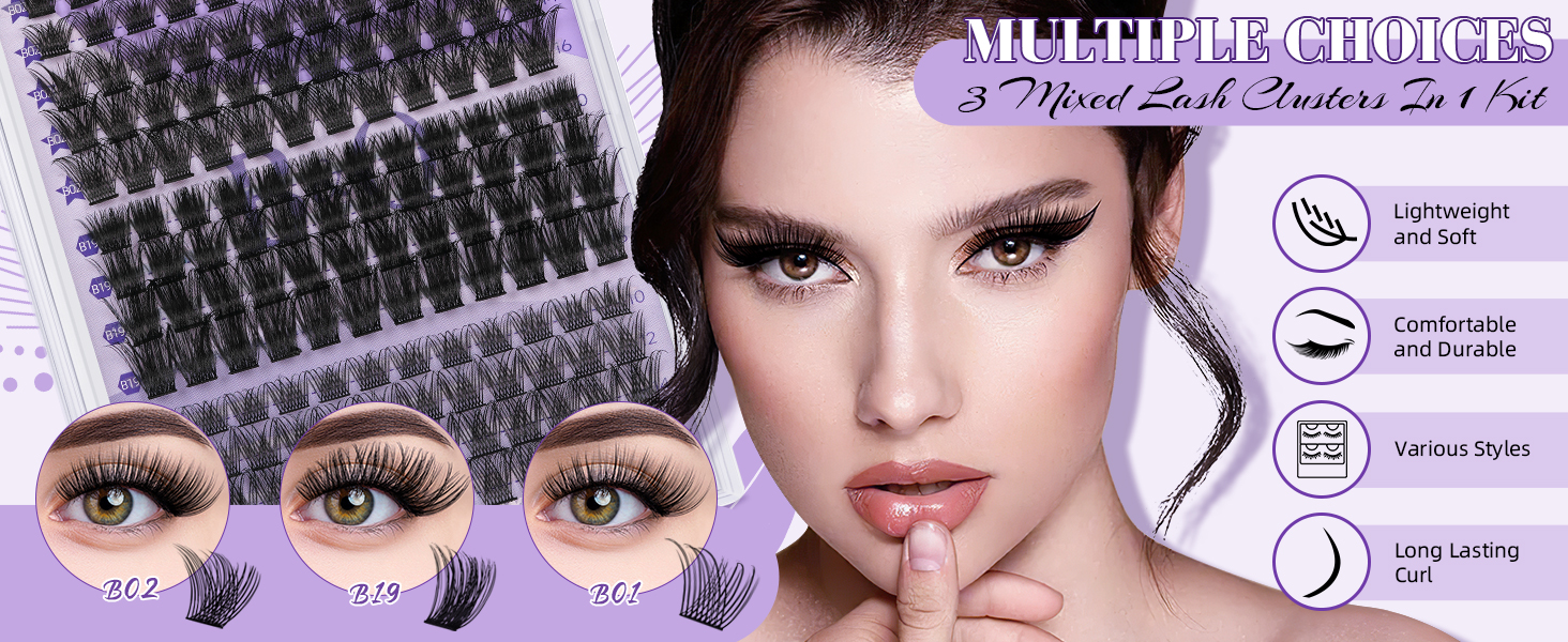 B&Qaugen DIY Lash Extension Kit B01+B02+B19 Eyelash Extension Set156 PCS Clusters 8-16mm Cluster ...