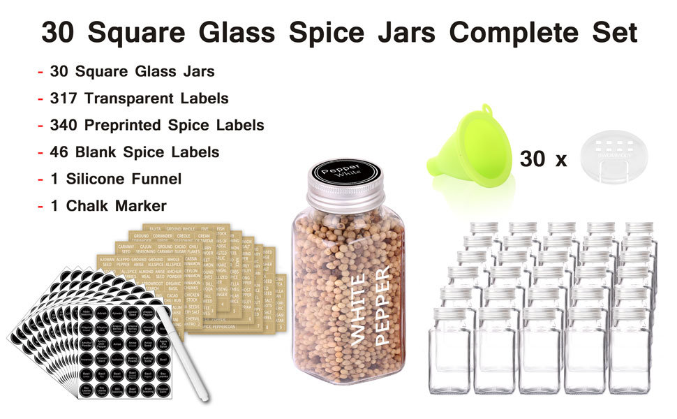 Amazon.com: SWOMMOLY 30 Glass Spice Jars 6 oz Empty Square Spice Bottles with 703 Spice Labels ...