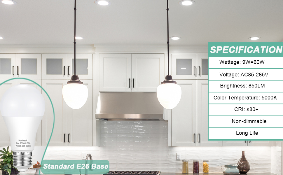 Hanbaak E26 LED Bulb, 60W Equivalent Light Bulb, 9W Medium Screw Base Bulb, Non-Dimmable ...