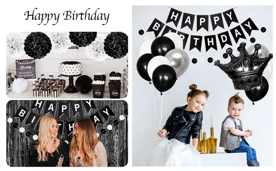 Amazon.com: Lasocy Black and White Birthday Party Decorations Happy ...