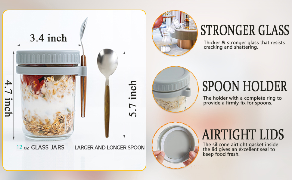 Overnight Oats Containers with Lids and Spoons, 12 oz Glass Mason Overnight Oats Jars, Oatmeal ...