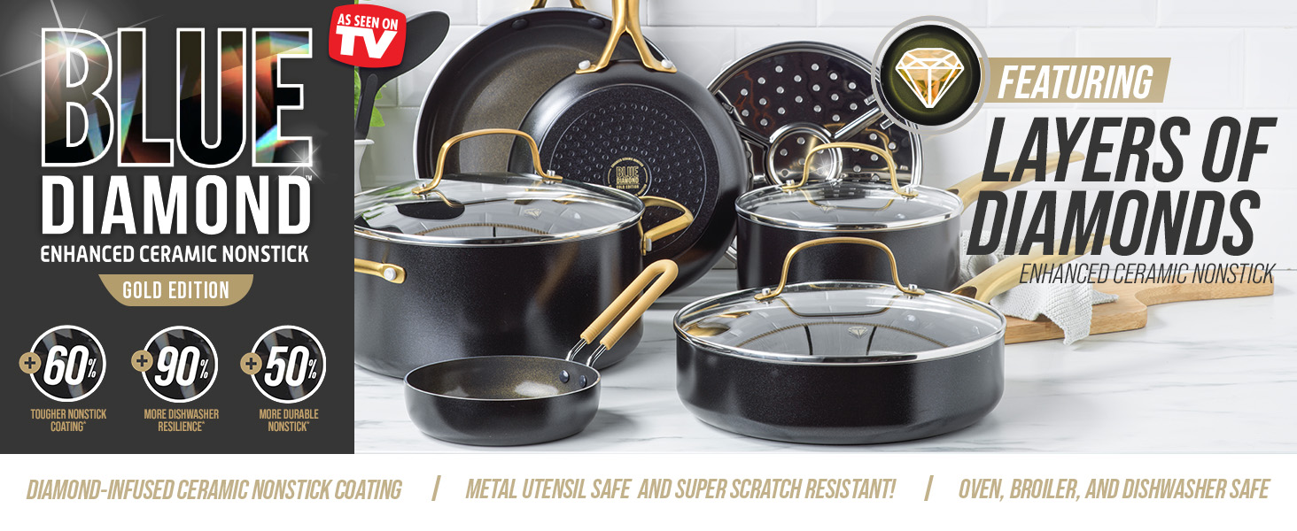 Amazon.com: Blue Diamond Gold 10 Piece Cookware Pots and Pans Set, Induction Suitable, Diamond ...