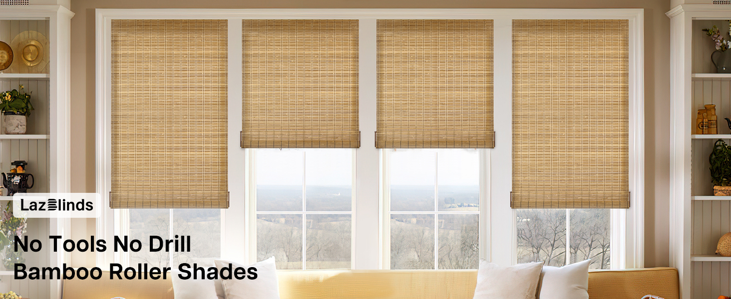 Amazon.com: LazBlinds No Tools No Drill Bamboo Roller Shades, Cordless ...