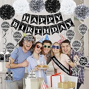 Amazon.com: Birthday Decorations Black Silver White, Happy Birthday ...