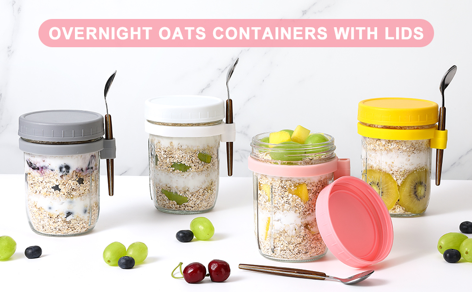 Amazon.com: KAIZHOUZHOU 16oz Glass Mason Overnight Oats Jars, Cereal, Yogurt, Salad Lunch,Glass ...