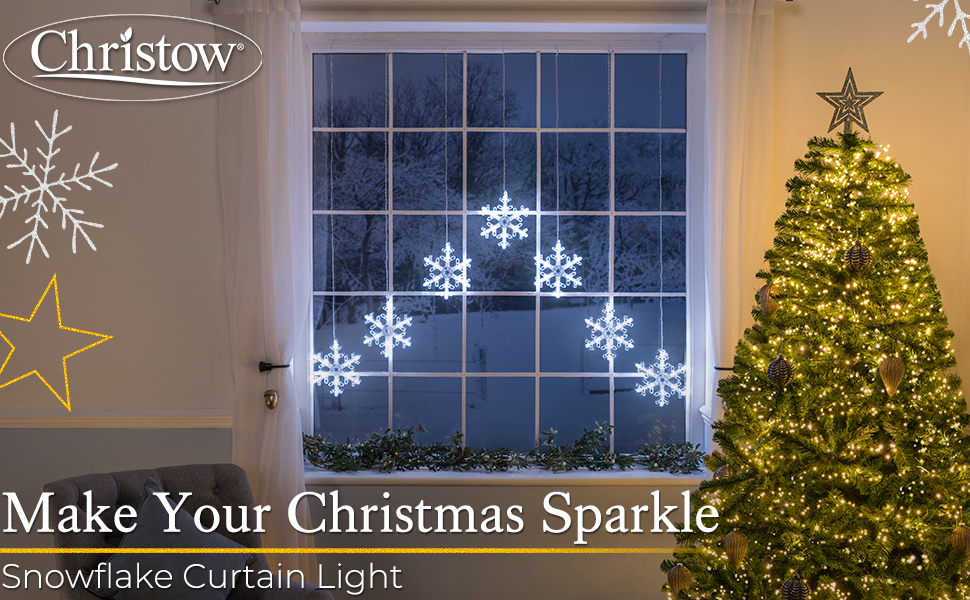 Christow Christmas Snowflake Curtain Lights, Light Up White LED Window ...