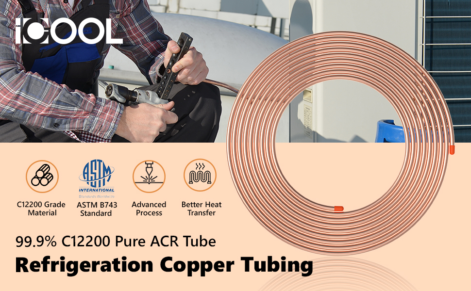 ICOOL 3/8" Copper Tubing 25 Ft - ASTM B743 Refrigeration Soft Coil Copper - 99.9% C12200 Pure ...