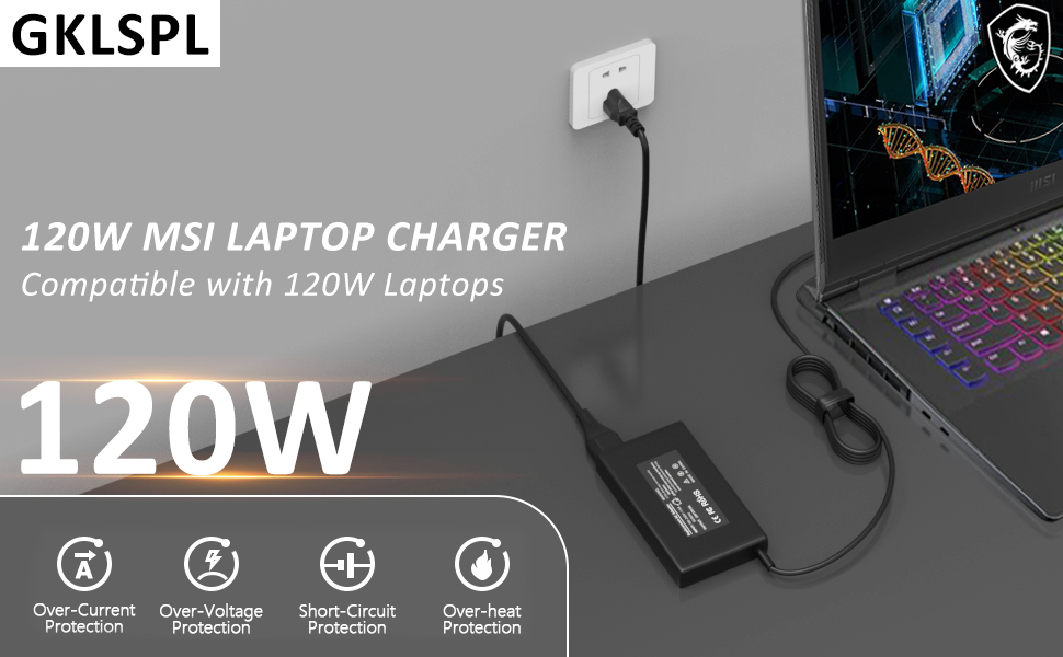 Amazon.com: GKLSPL 120W Laptop Charger Compatible with MSI GF63 GV15 GV15-Thin-11SC GF63 Thin 10 ...