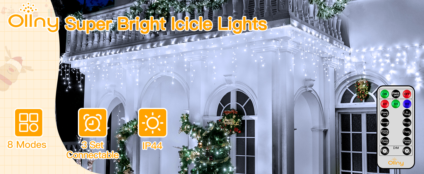 Ollny Icicle Outdoor Christmas Lights, 396 LED 10M Waterproof Hanging ...