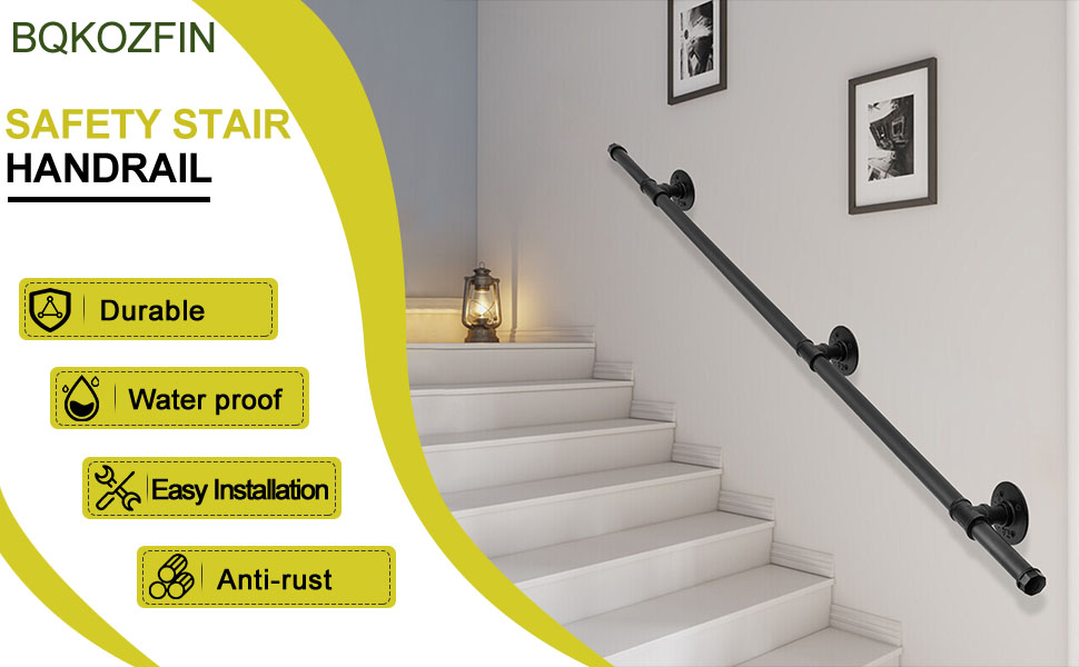 BQKOZFIN 10FT/3M Metal Stairs Handrail, Wall Balustrade Non-Slip Industrial Iron Pipe Hand ...