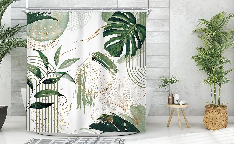 Amazon.com: Mitpok Sage Green Boho Shower Curtain Mid Century Modern Abstract Tropical Leaves ...